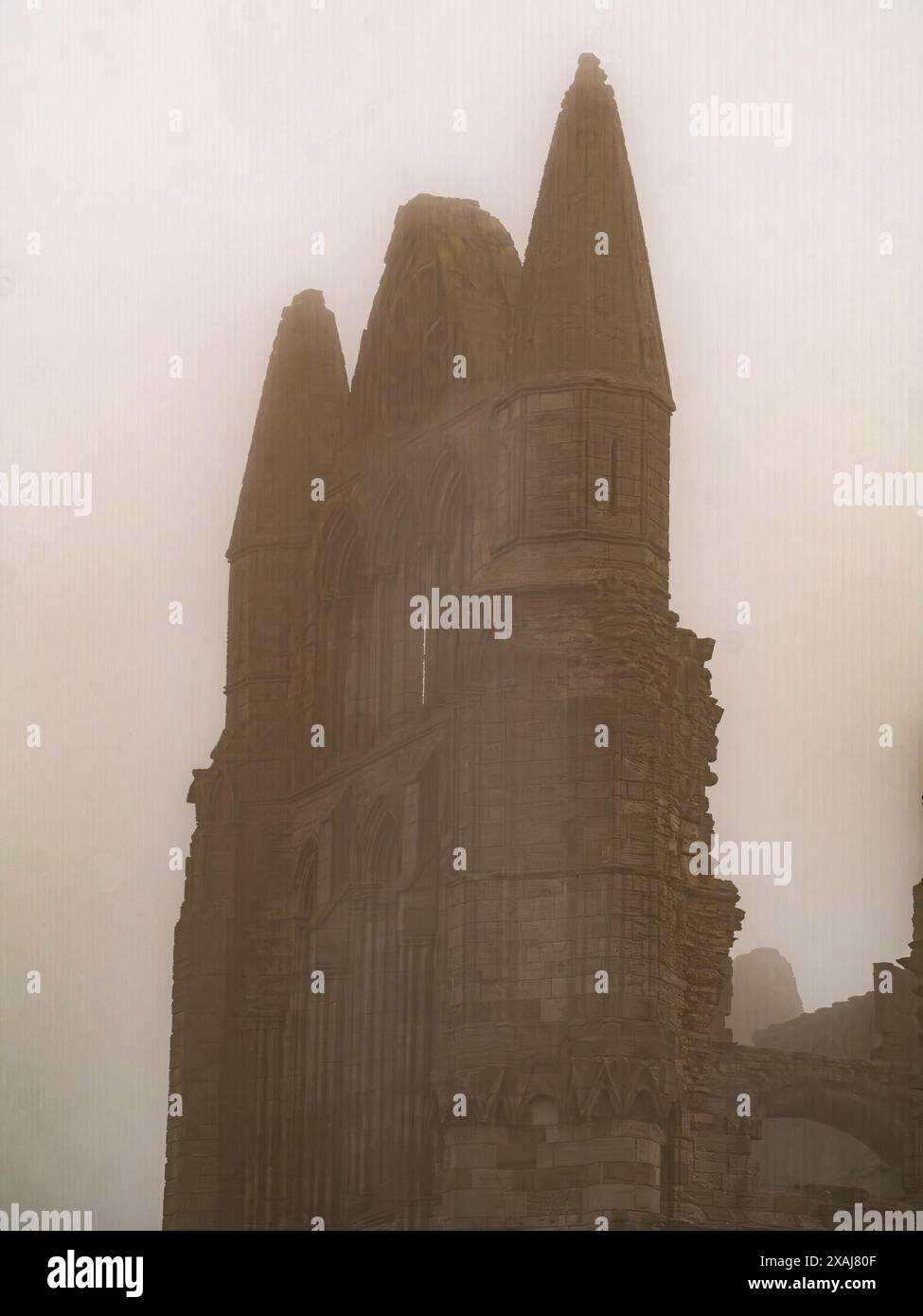 Thick sea Fog surrounds the ruins of Whitby Abbey, creating a haunting ...