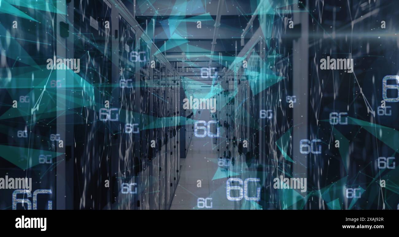 Image of shapes and 6g texts over server room, copy space. Global ...