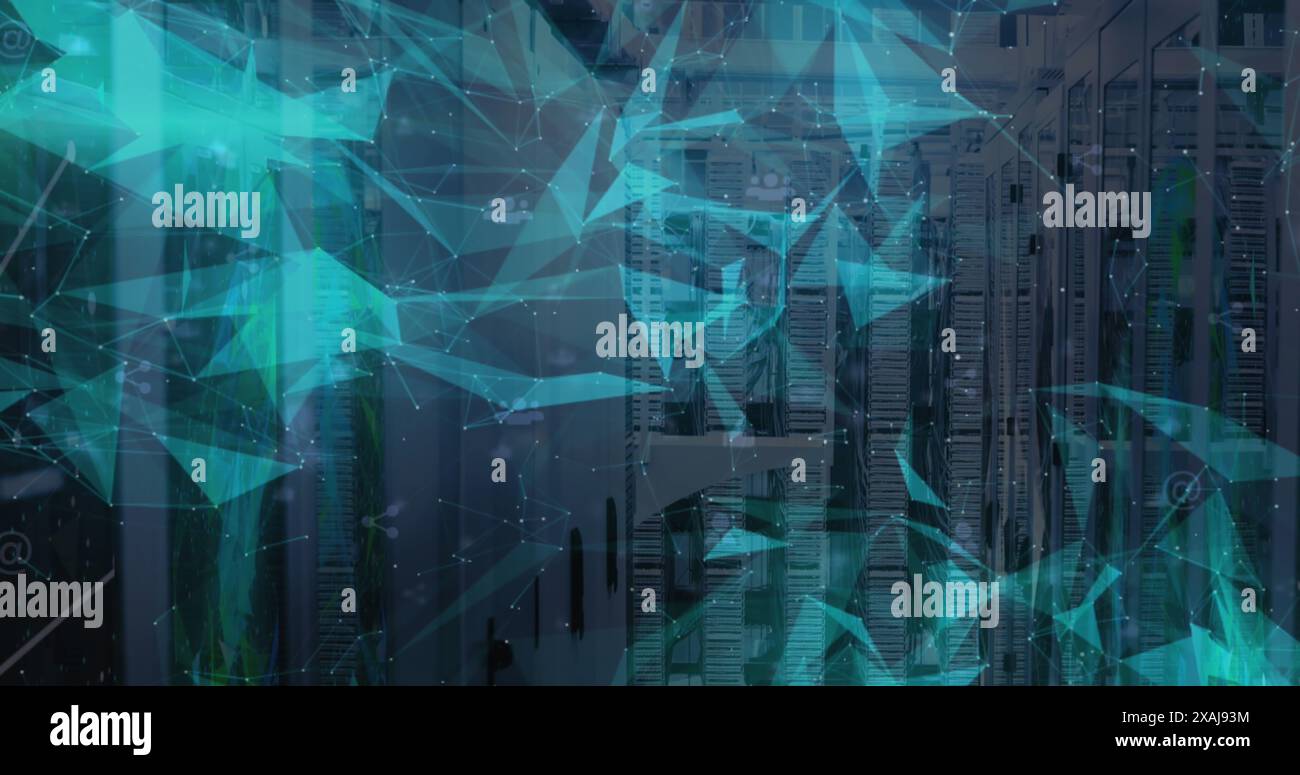 Image of shapes and 6g texts over server room, copy space. Global ...