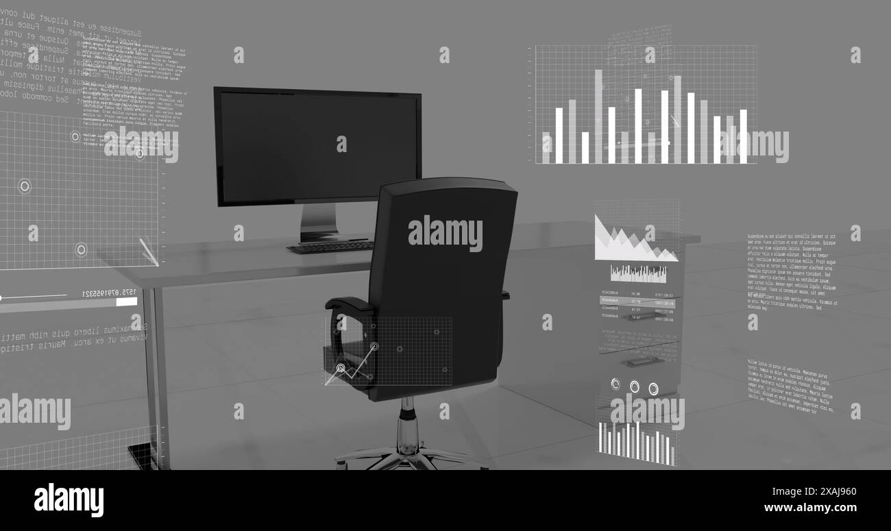 Image of data processing over office desk against grey background Stock ...