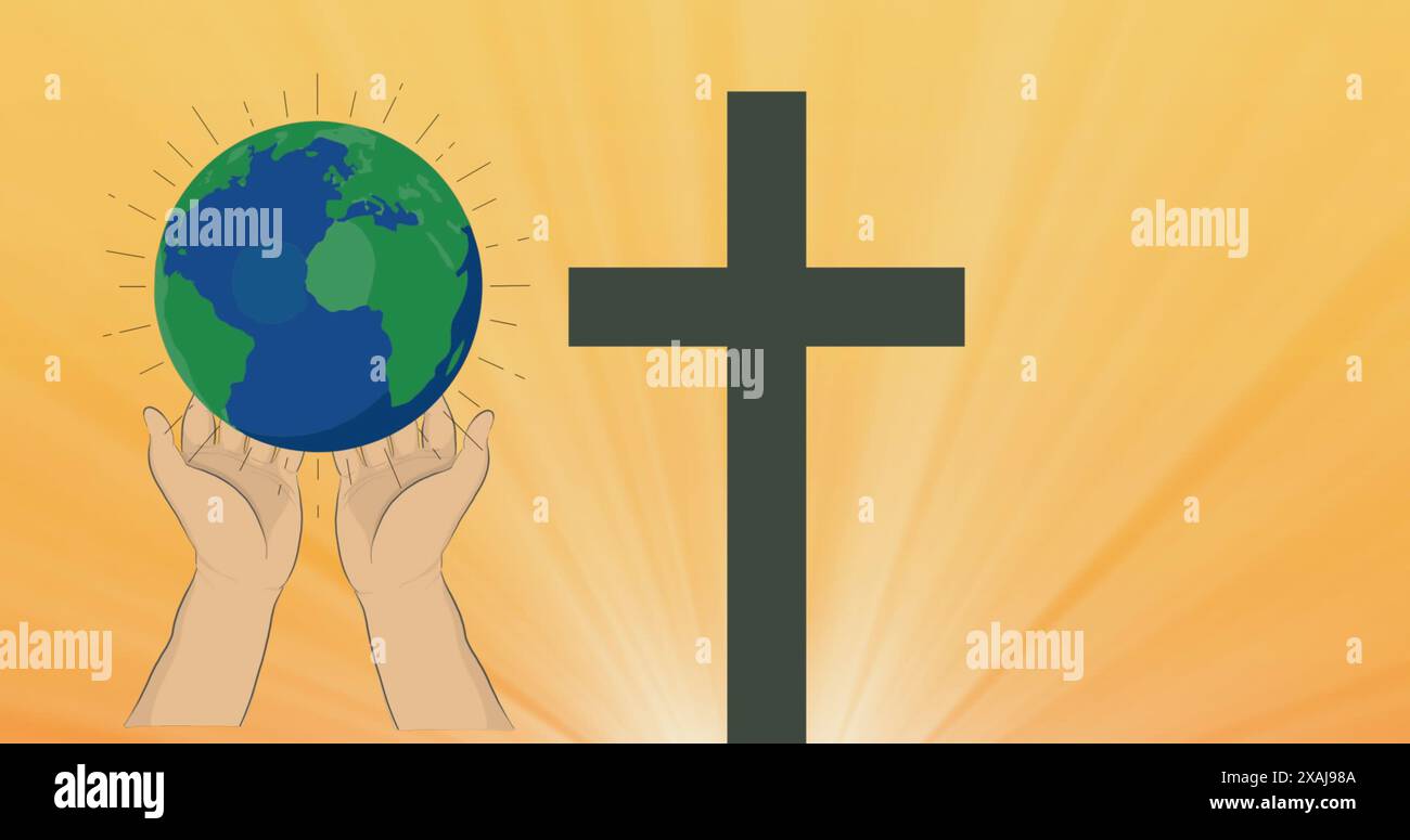 Image of globe with hands and cross on yellow background Stock Photo ...