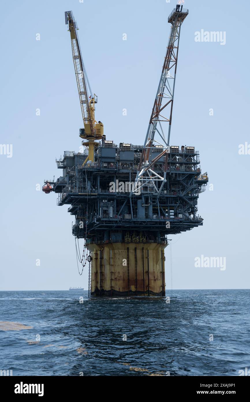 A large offshore floating oil platform operates in the Gulf of Mexico ...