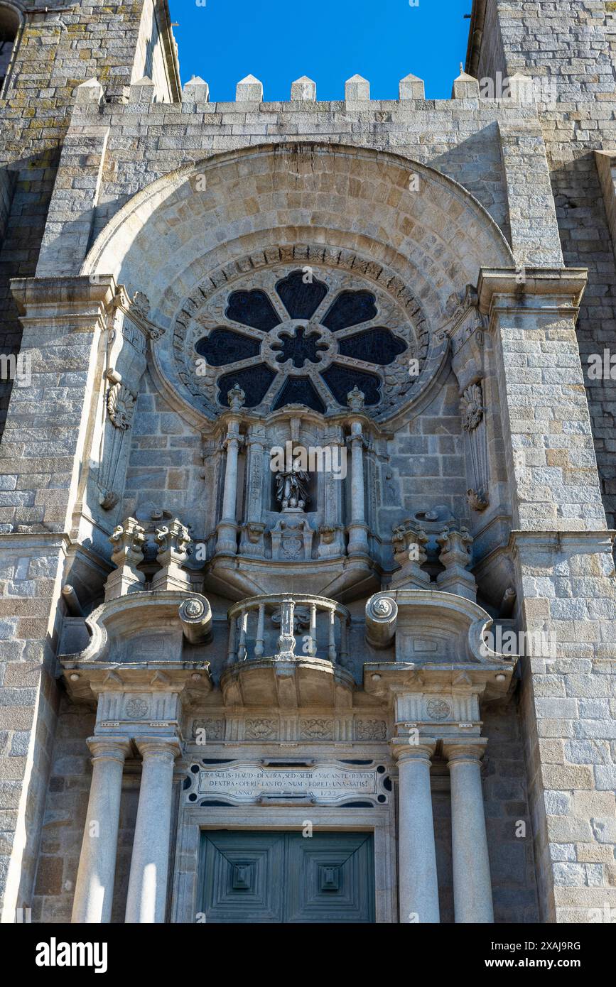 Facade of the Porto Cathedral, of Romanesque, Gothic and Baroque style ...