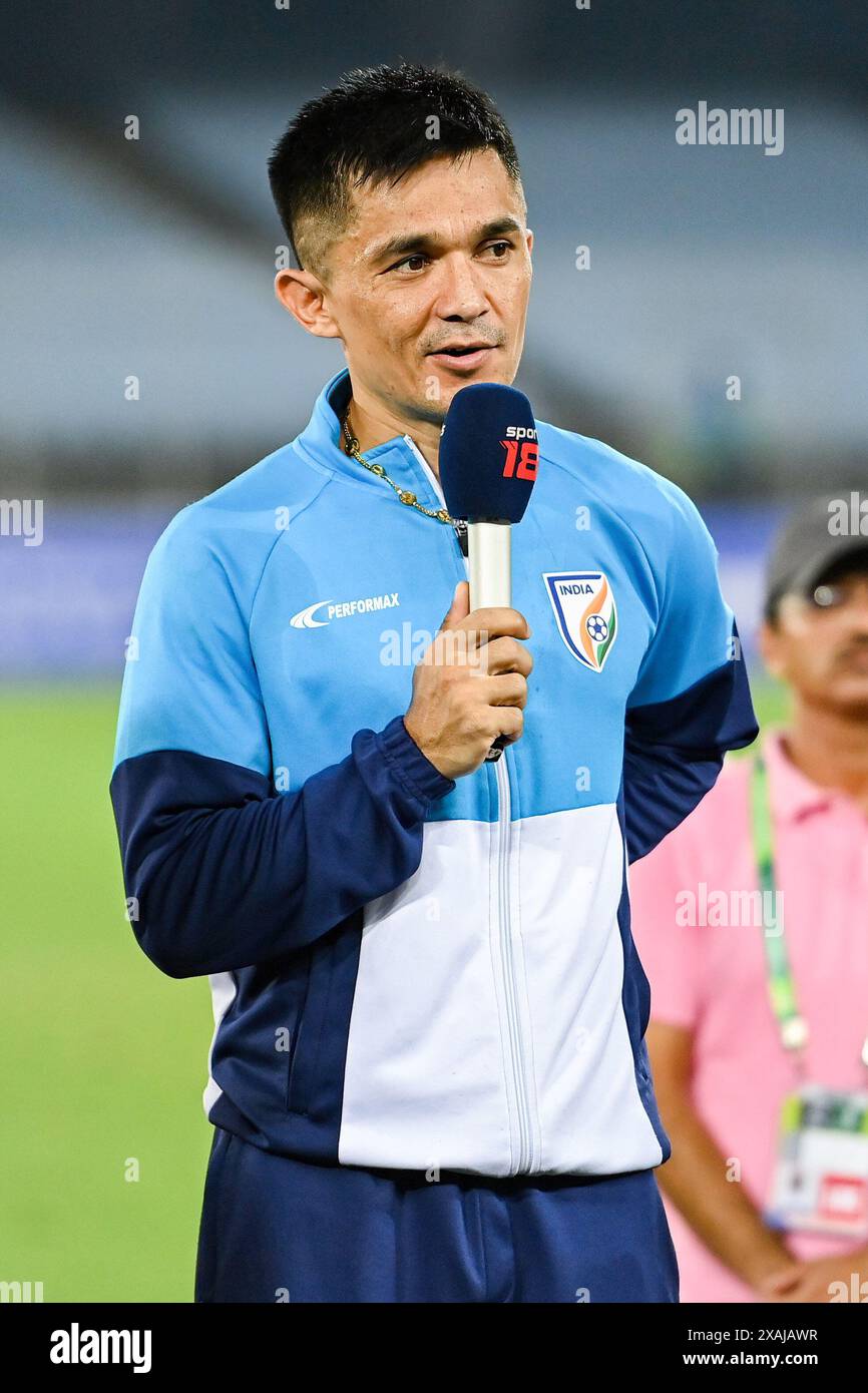 India's Sunil Chhetri giving his retirement speech after the match ...