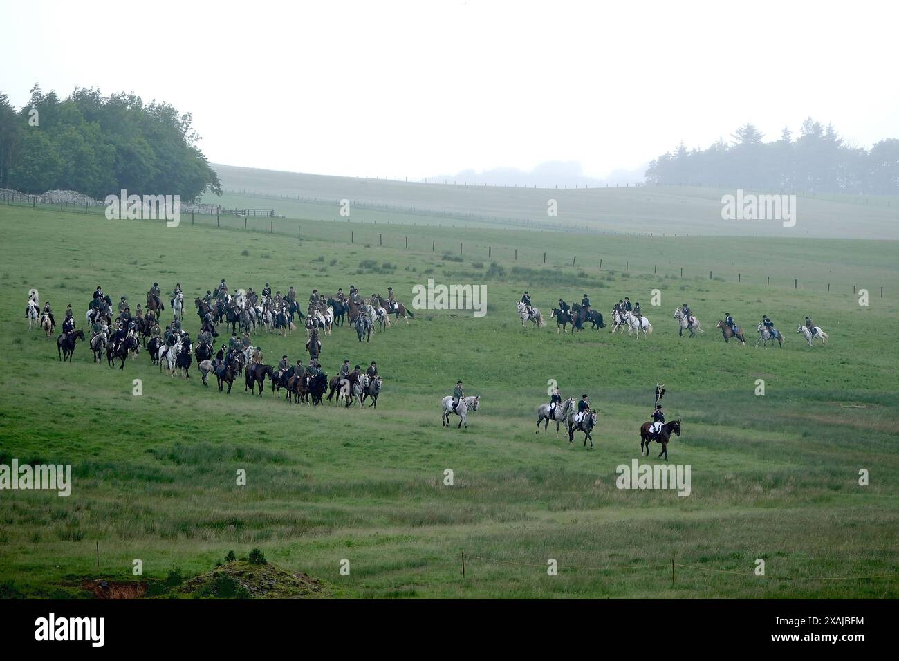 Hawick, UK, 07th June 2024: The Cornet leads over 210 mounted followers ...