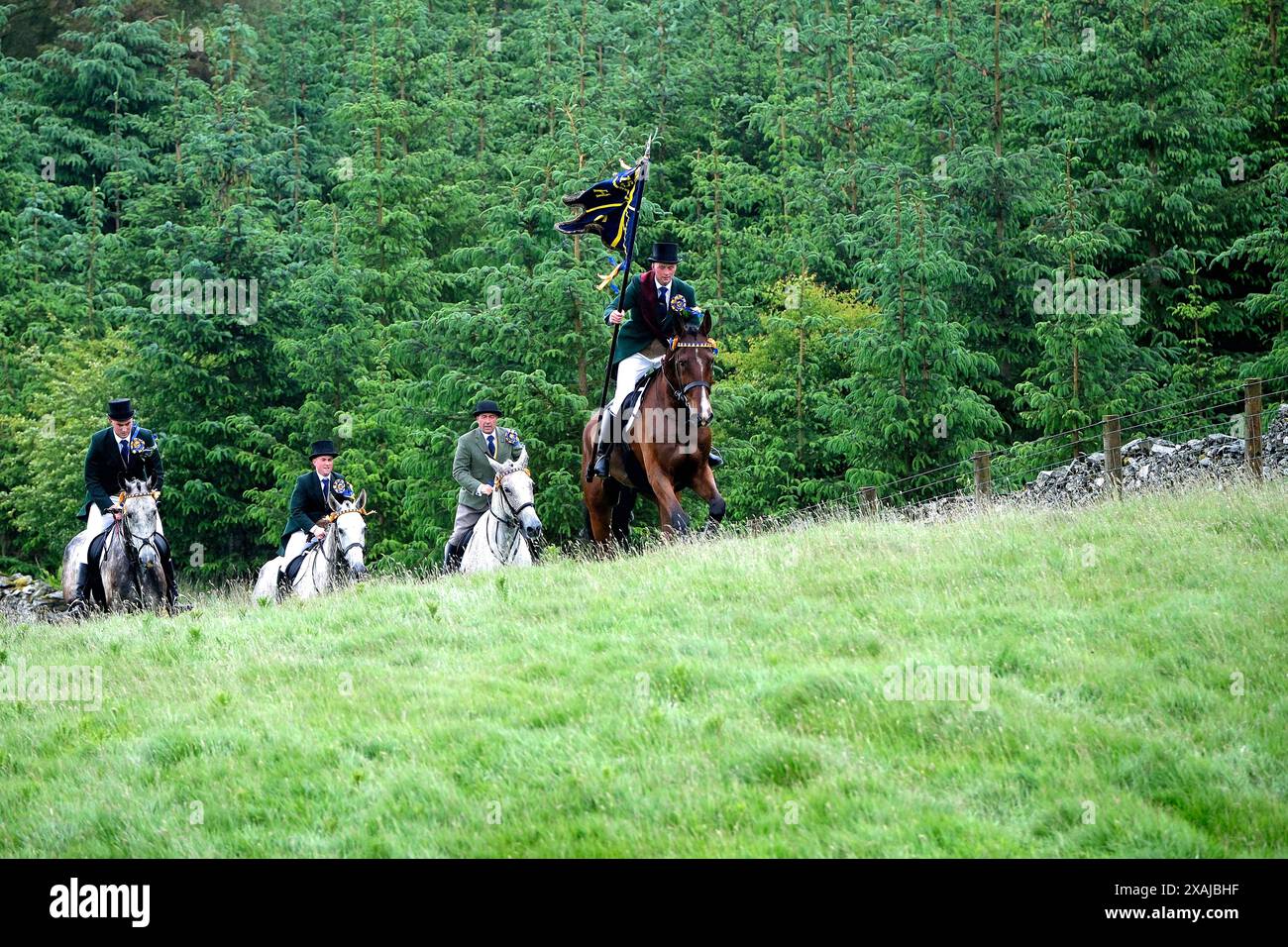 Hawick, UK, 07th June 2024: The Cornet leads over 210 mounted followers ...