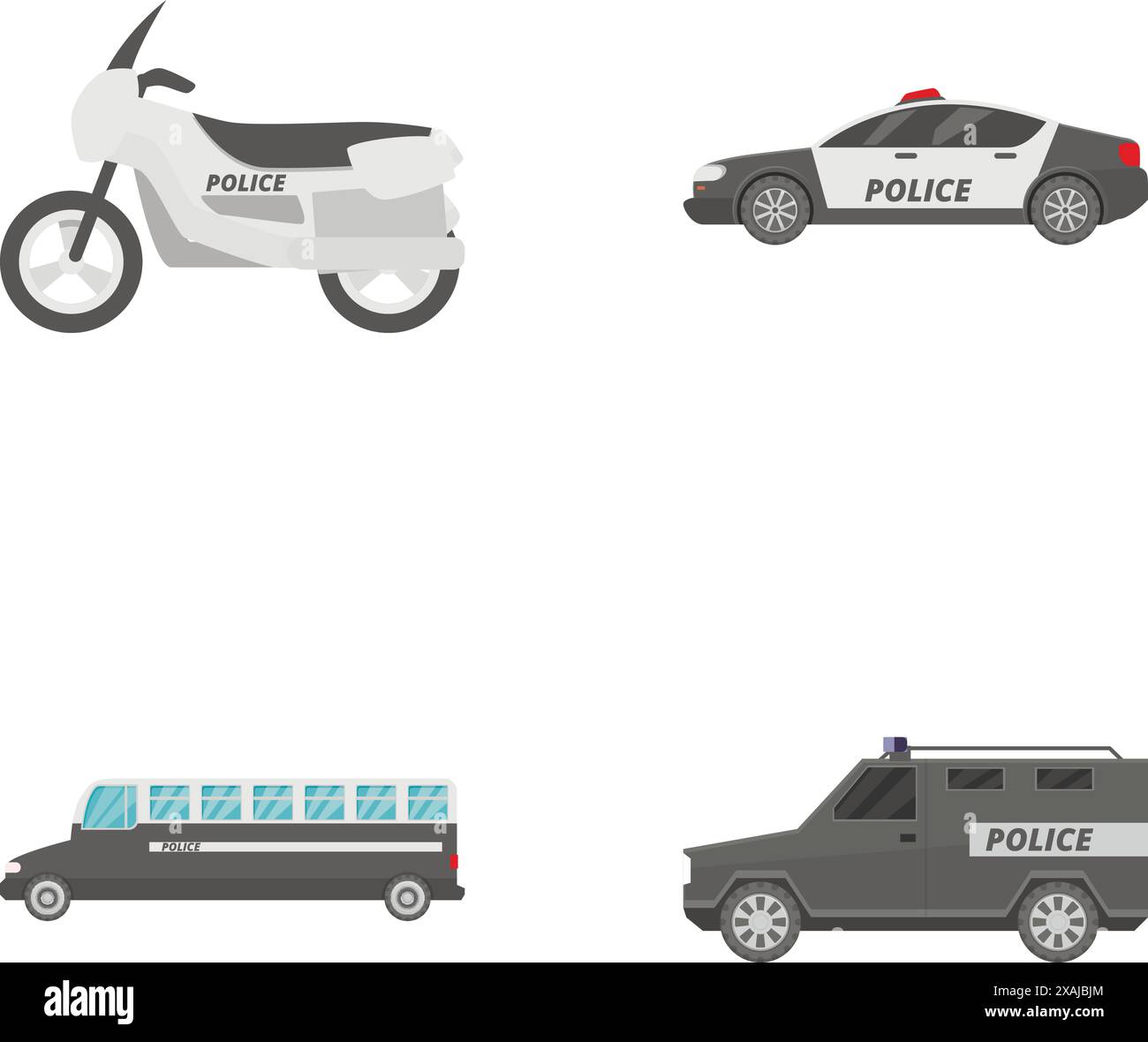 Vector illustration of police motorbike, car, bus, and van isolated on ...