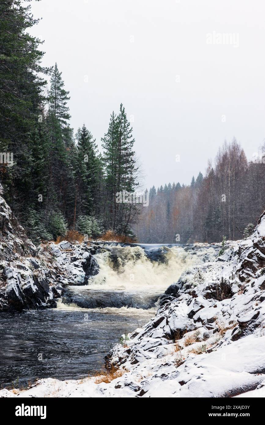 Kivach Falls landscape on a winter day. Vertical photo with snowy ...