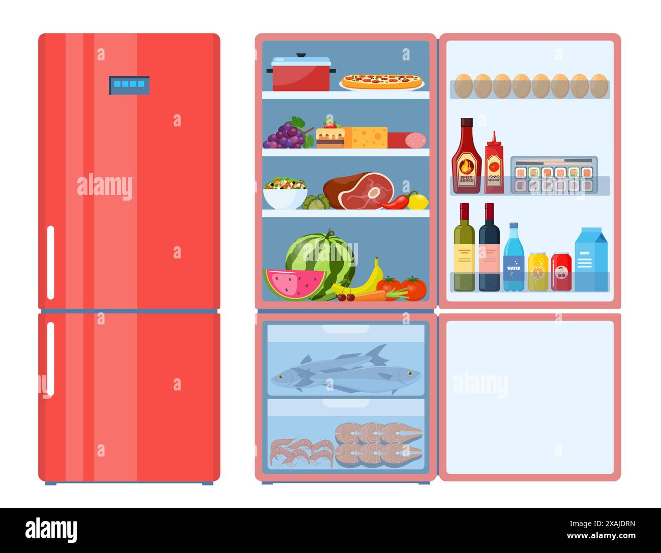 Fridge. Closed and open refrigerator. Red fridge with healthy food ...