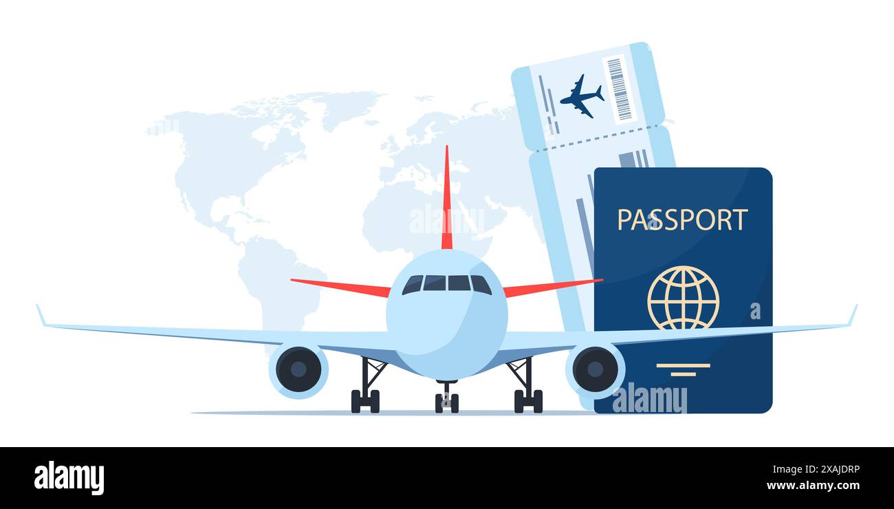 Aircraft, passport with air ticket, world map on background. Time to ...