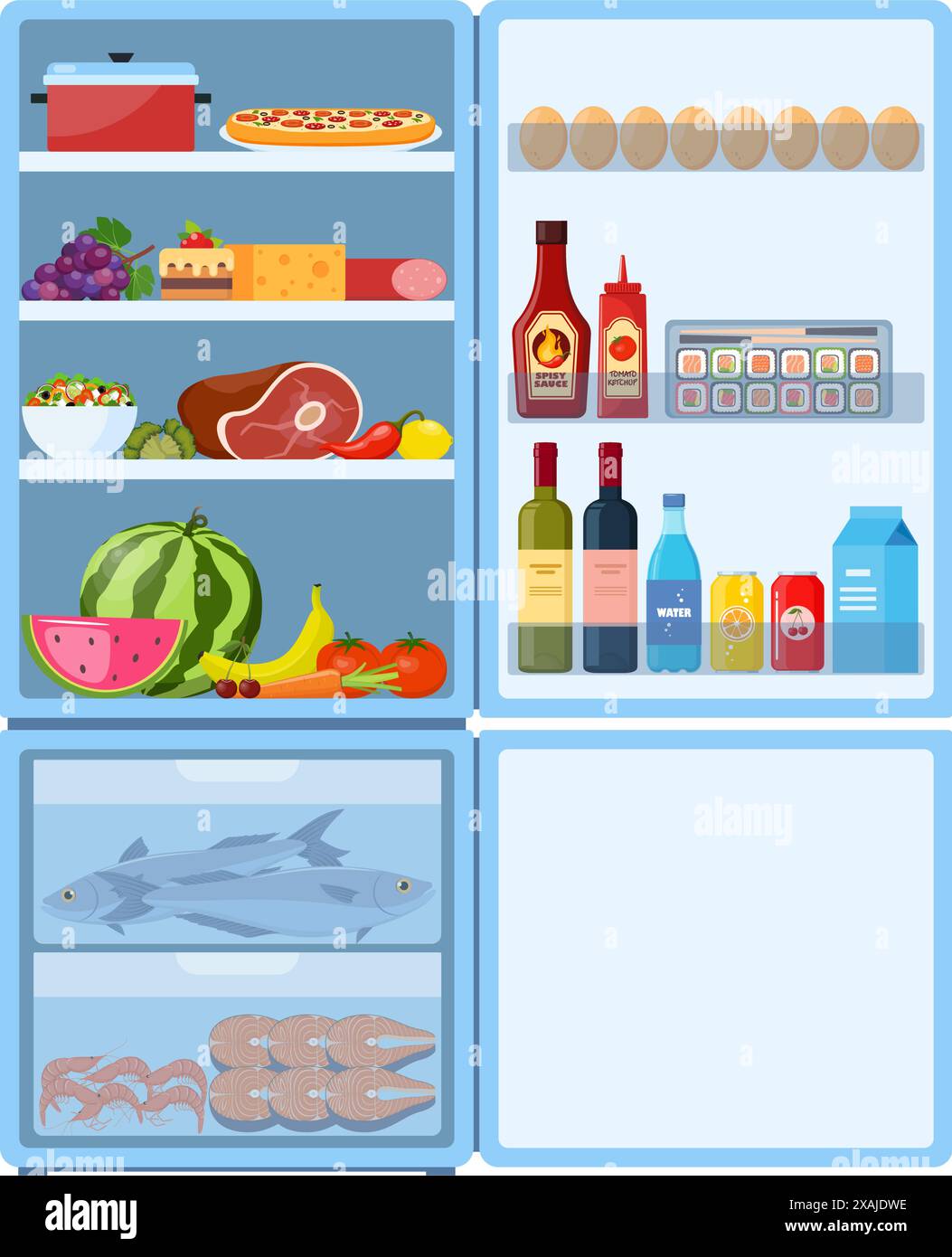 Fridge. Closed and open refrigerator. Blue fridge with healthy food ...