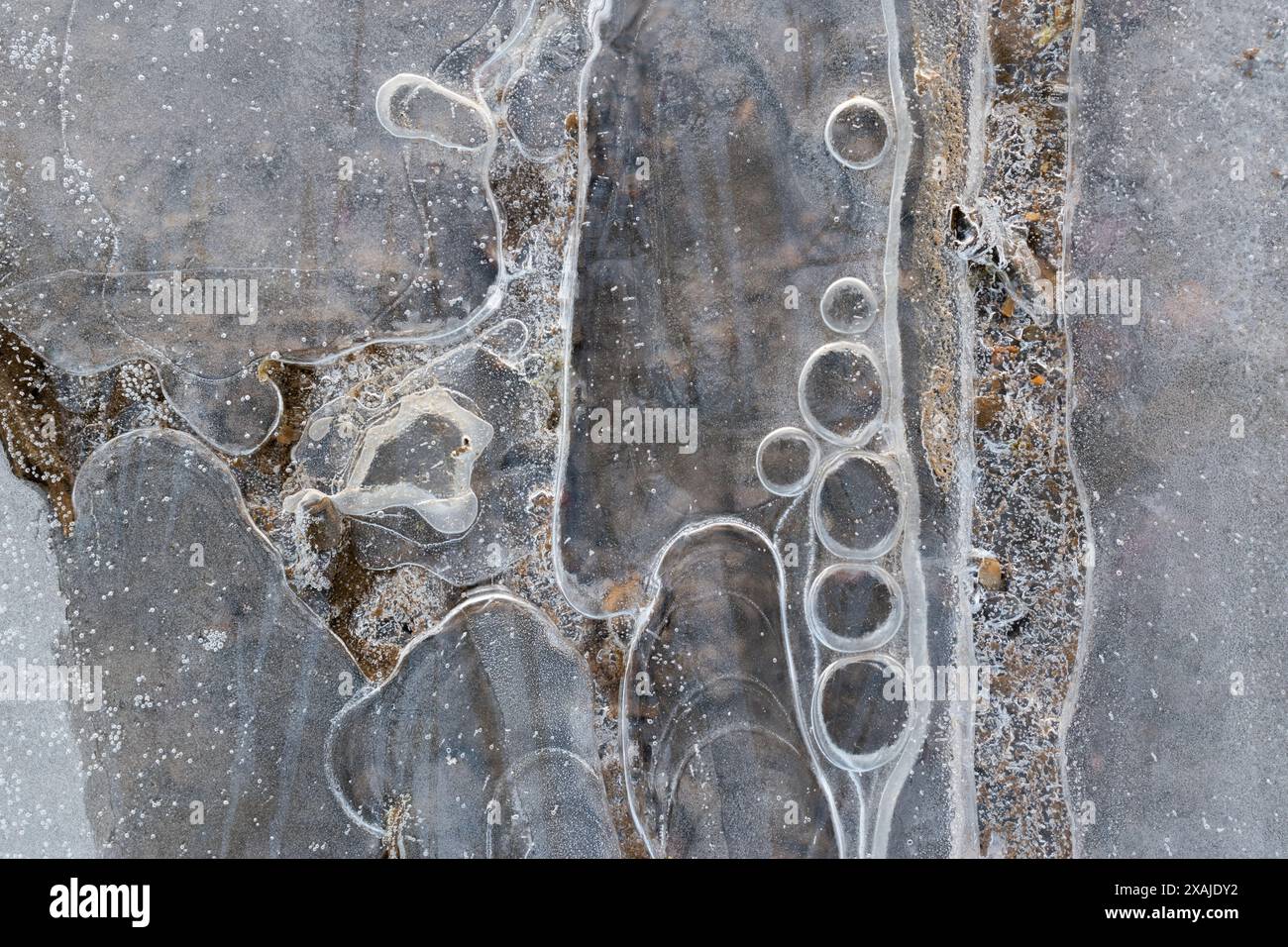 Round shapes in ice on surface of frozen puddle close up Stock Photo ...