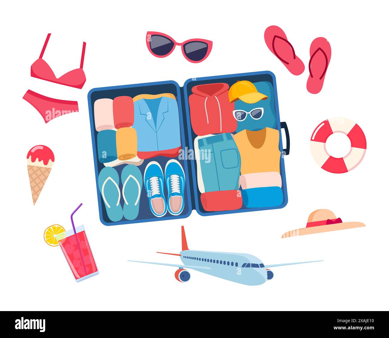 Open suitcase with clothes and summer beach elements around it. Summer ...