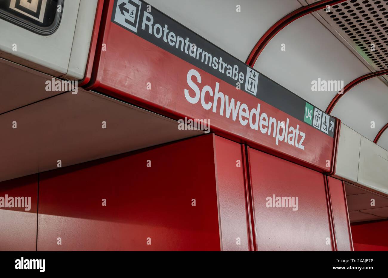 Vienna, Austria, August 17, 2022. The Schwedenplatz metro stop sign ...