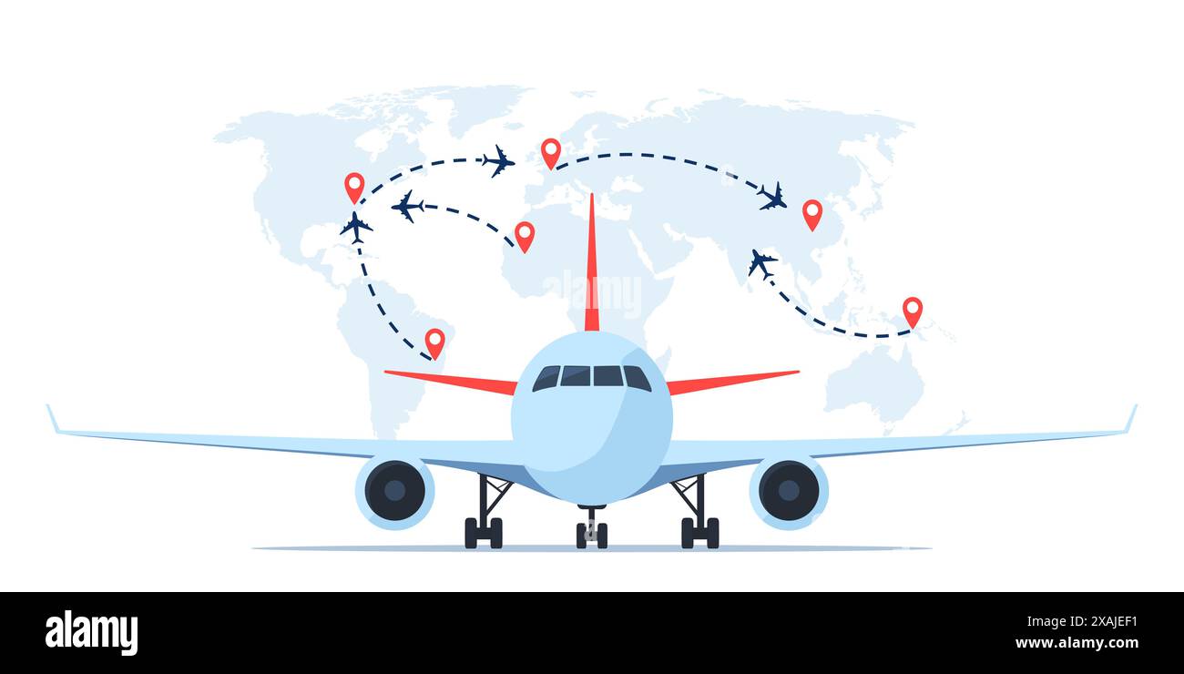 Aircraft in front view, world map with flight routes and pins marker ...
