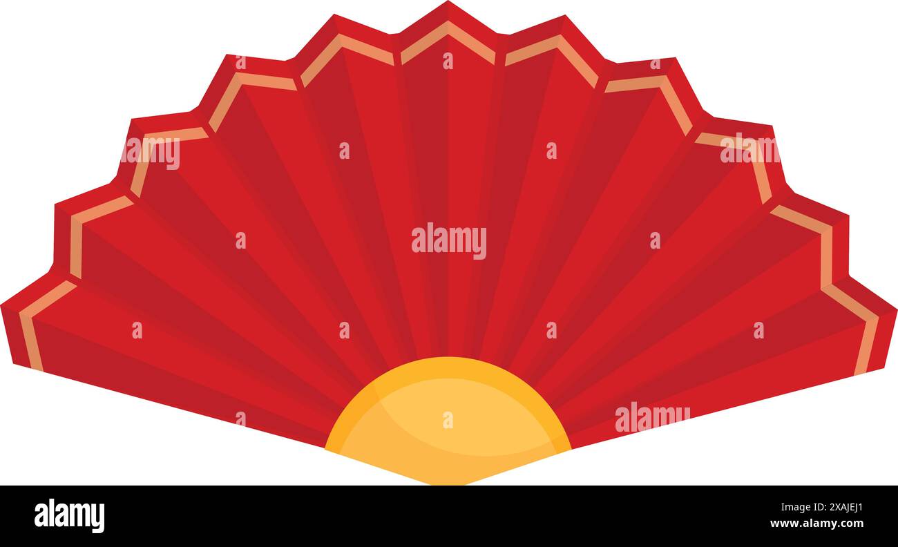 Red and gold hand fan with scalloped edges open on white background ...