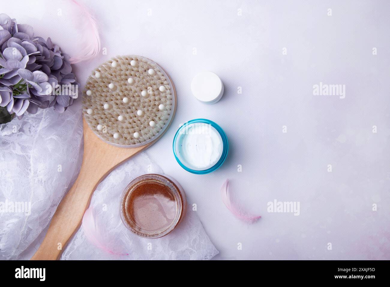 Organic body care, items, dry brush technique, wooden brush and scrub ...