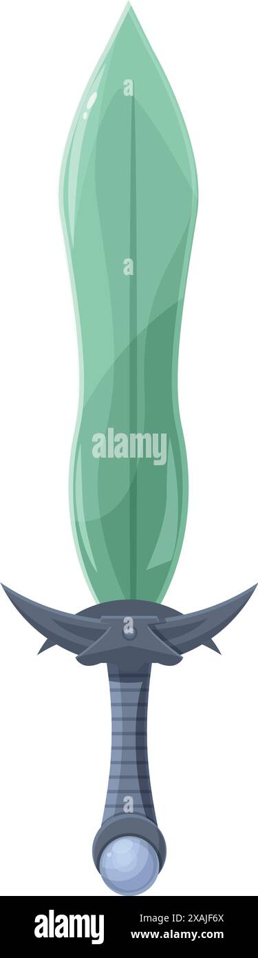 Fantasy green sword with metal hilt standing upright on white ...