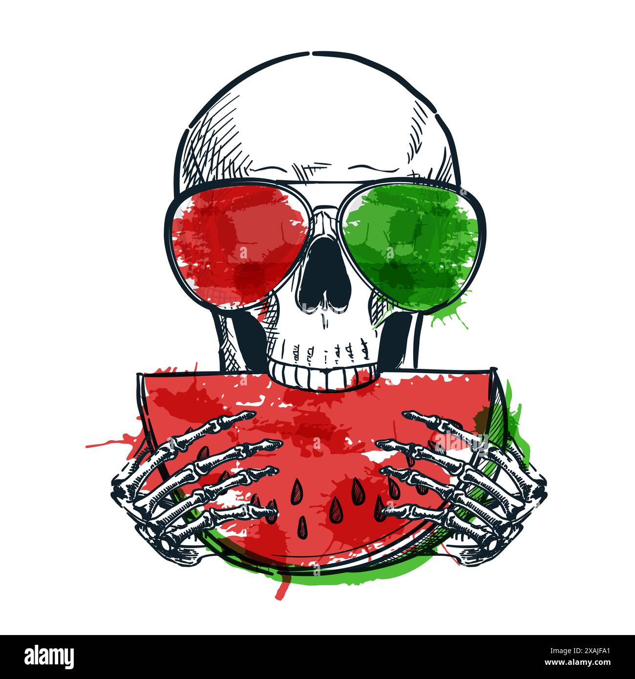 Human skull in multicolor sunglasses eats watermelon. Vector hand drawn ...