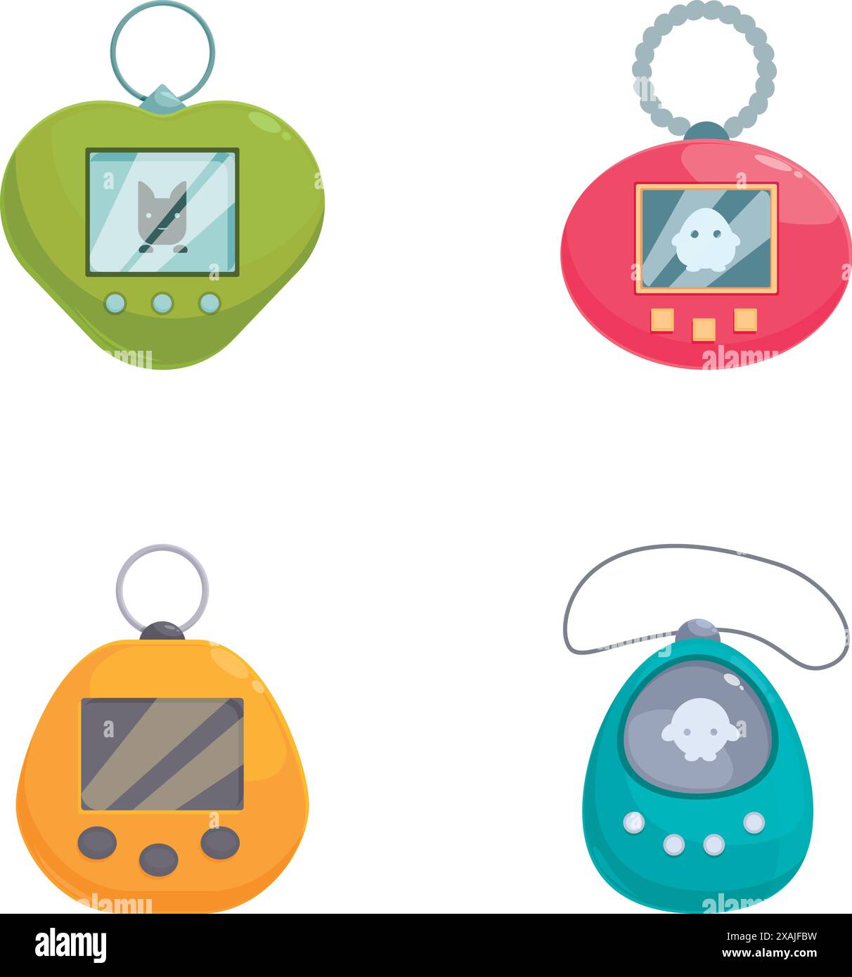 Illustration of four cute, vibrant virtual pet devices from the 90s ...