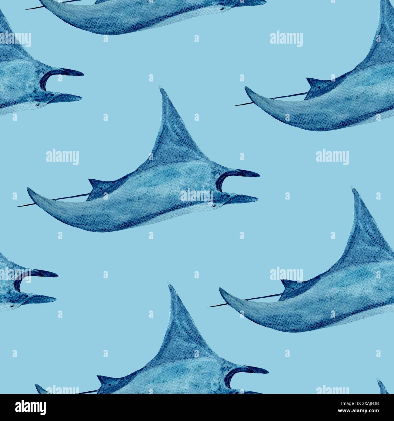 Manta ray watercolor seamless pattern on light blue background. High ...