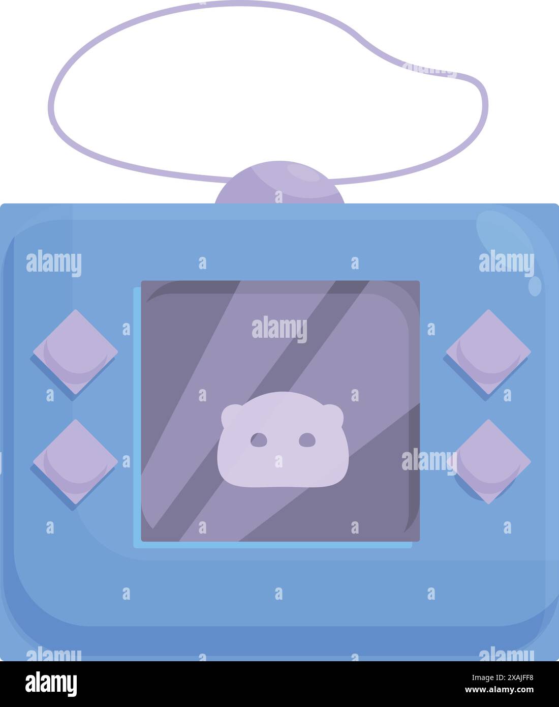 Cartoon blue digital pet toy with buttons, a screen showing a virtual ...