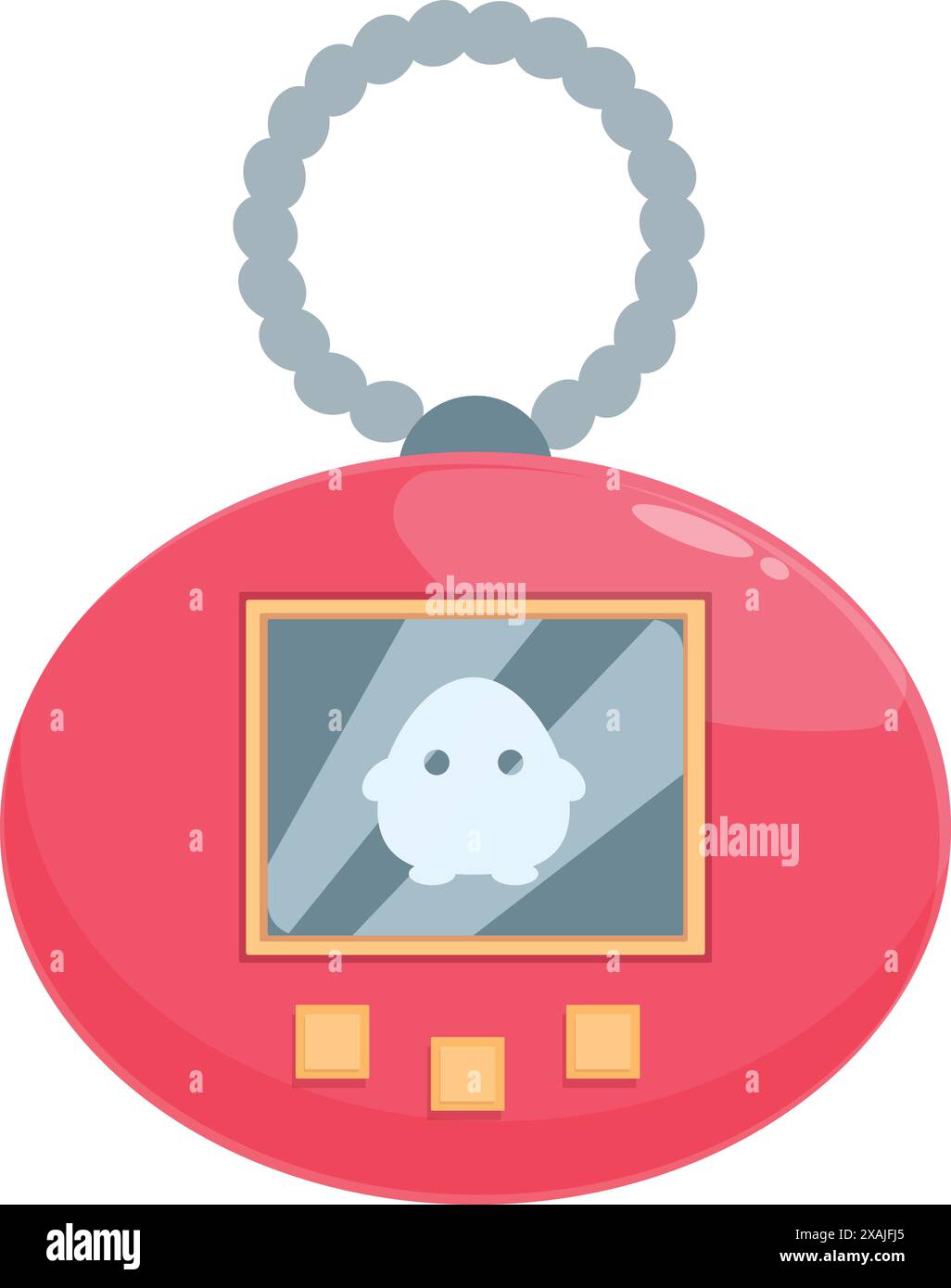 Red virtual pet keychain with a grey chain is displaying a pixelated ...