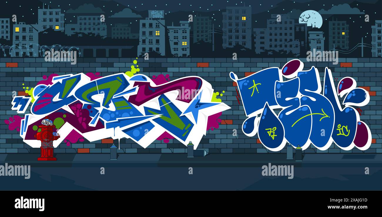 Cool Dark Outdoor Urban Graffiti Wall With Drawings At Night Against ...