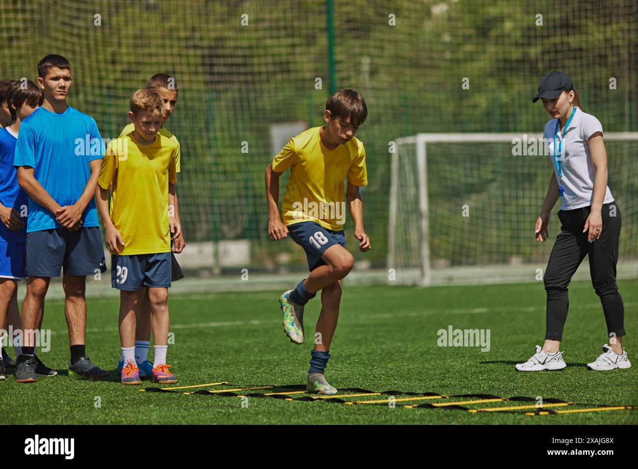 Dynamic Soccer Drill. Young soccer players, boys in uniform training ...