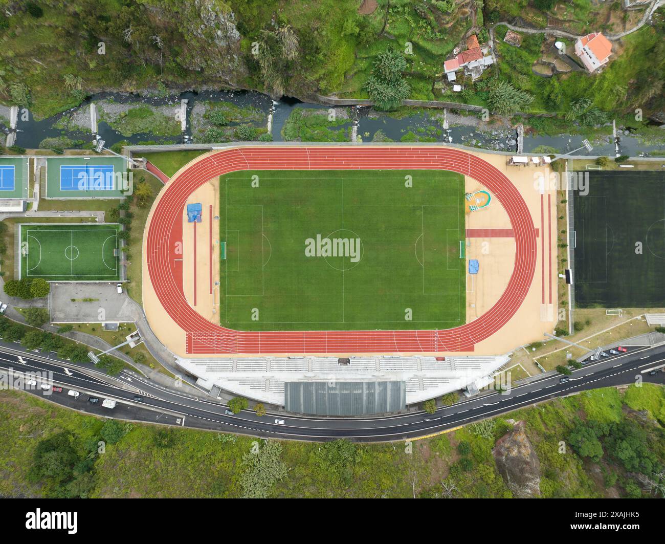 soccer field and river from aerial view Stock Photo - Alamy