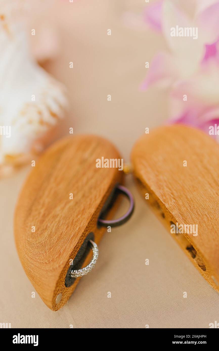 Heart shaped ring box for tropical wedding ceremony Stock Photo - Alamy