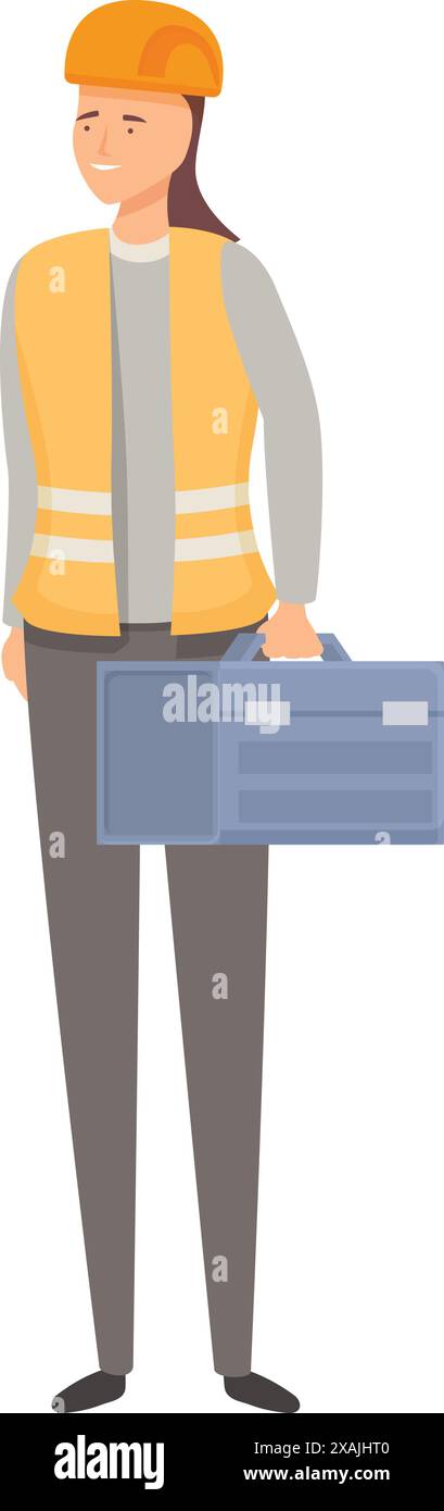 Female construction worker holding tool box wearing hard hat and safety vest Stock Vector Image ...