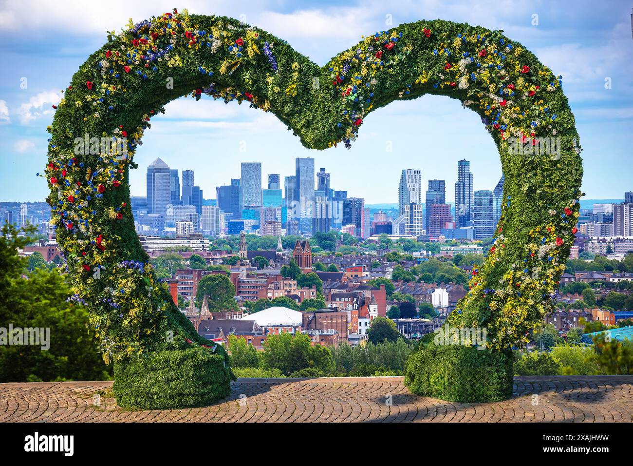 City of London skyline view from Hampstead Heath through flower frame ...