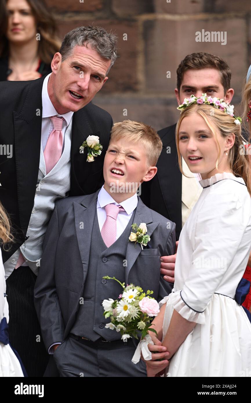 Chester, UK. June 7th, 2024. Dan Snow and Son at the wedding of Hugh ...