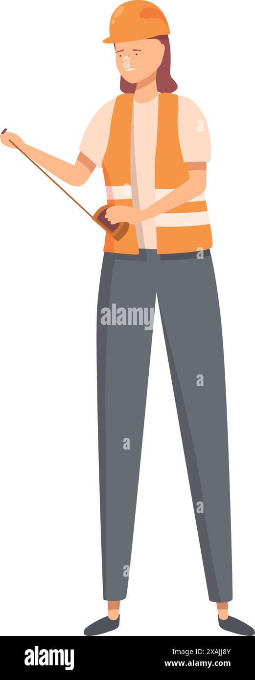 Smiling female construction worker taking measurements using measuring ...