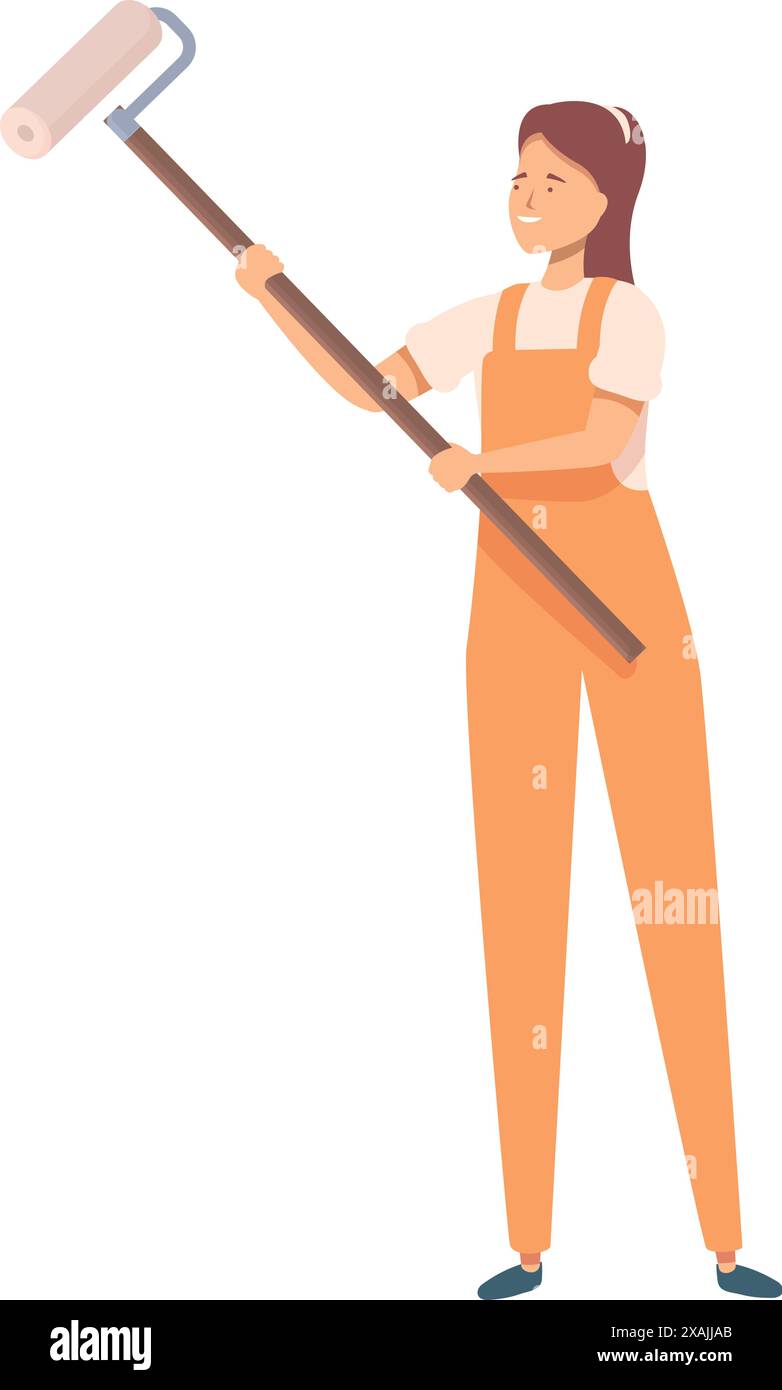 Young woman in orange overalls is holding a paint roller getting ready ...