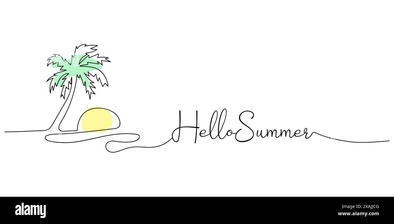 Palm tree sun drawn by hand. linart continuous line drawing. Single ...