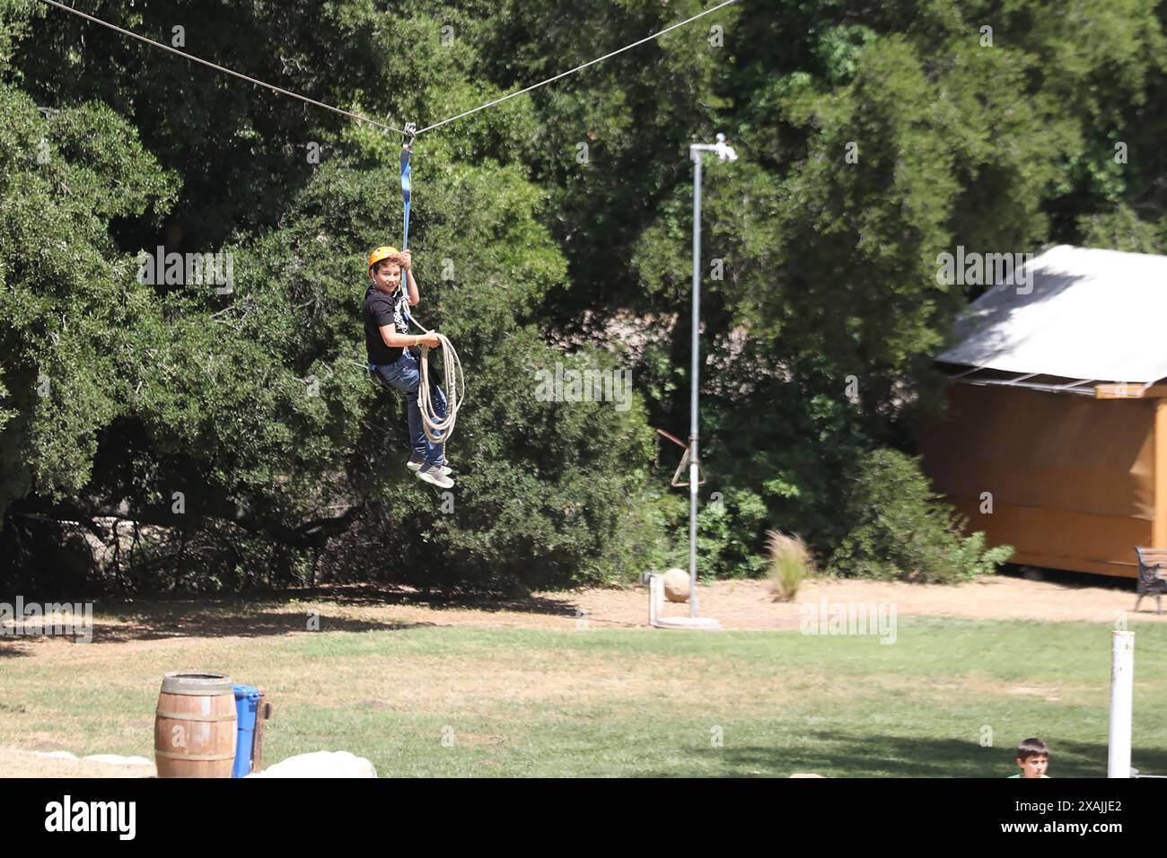 Happy teen boy zip lining at camp in Ojai, California Stock Photo - Alamy