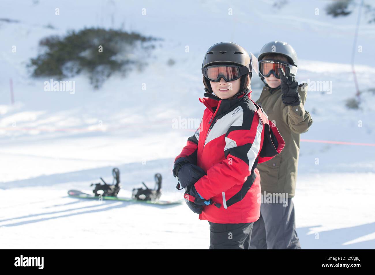 Young teenage boys getting ready to hit the slopes at June Mountain ...