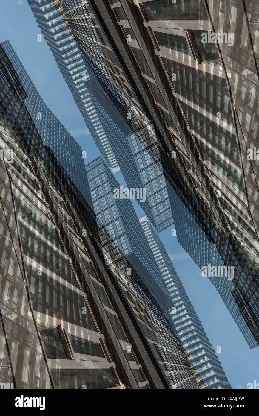 symmetry and mirrored geometry pattern, reflected skyscrapers and ...