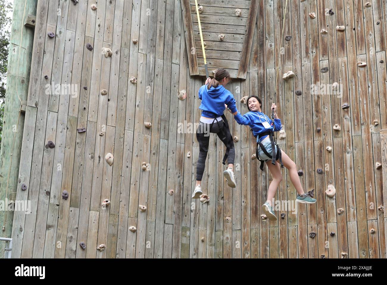 Teen friends congratulate each other on rock climb Stock Photo - Alamy