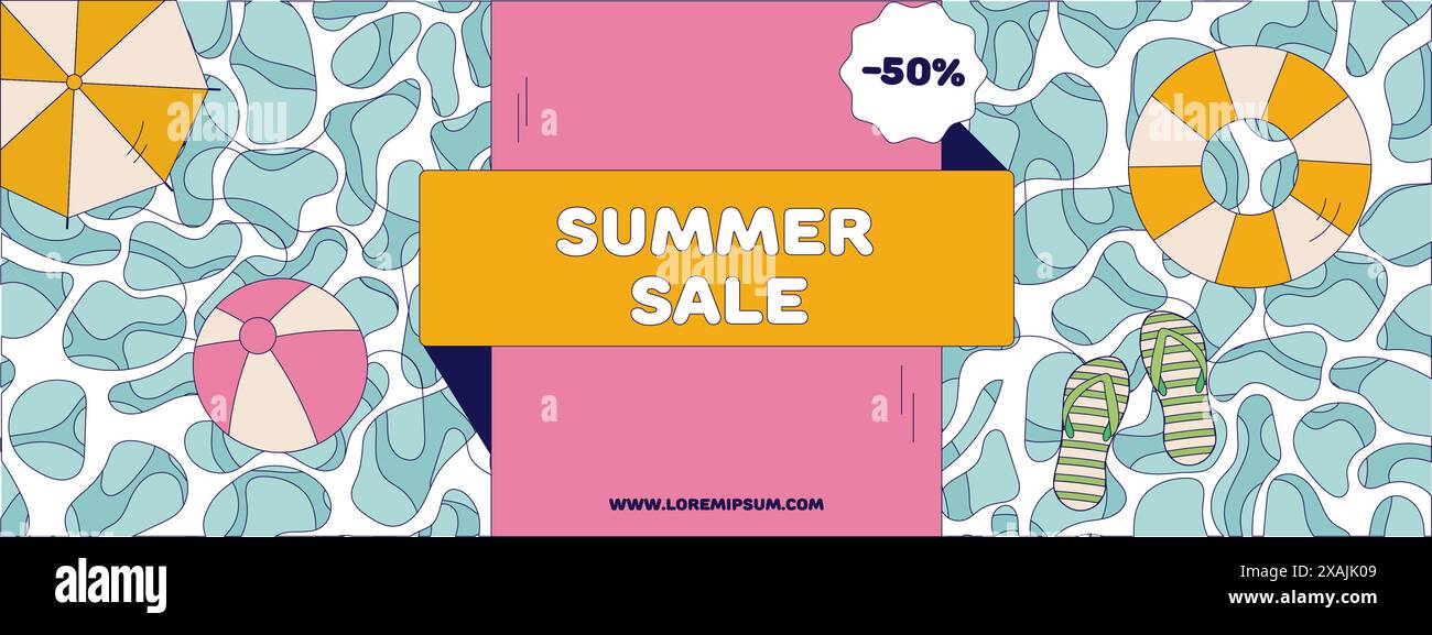 Summer sale vector design. Discounts text in pool of water with beach ...