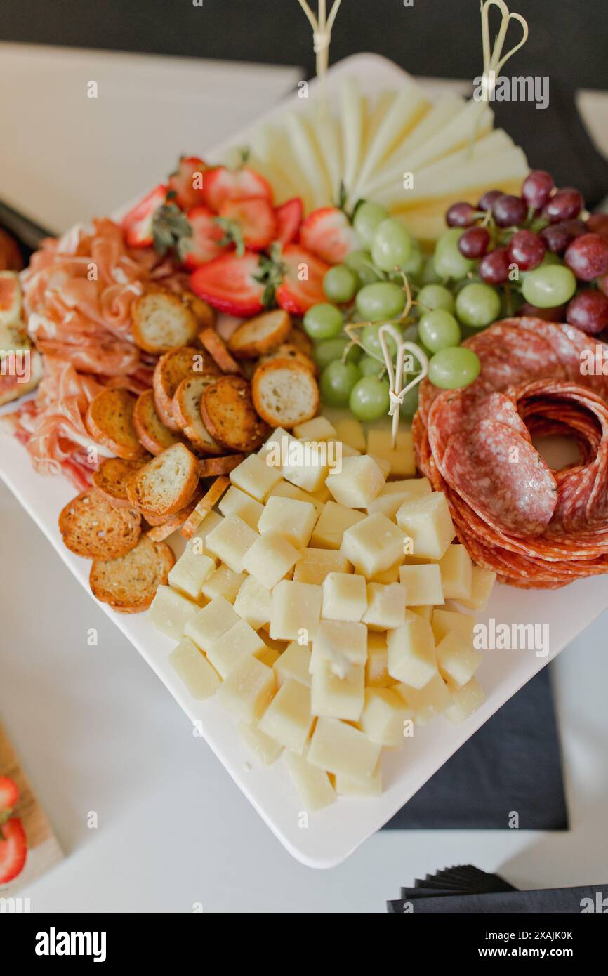 Charcuterie board with fresh deli meats, cheeses and fruit Stock Photo ...