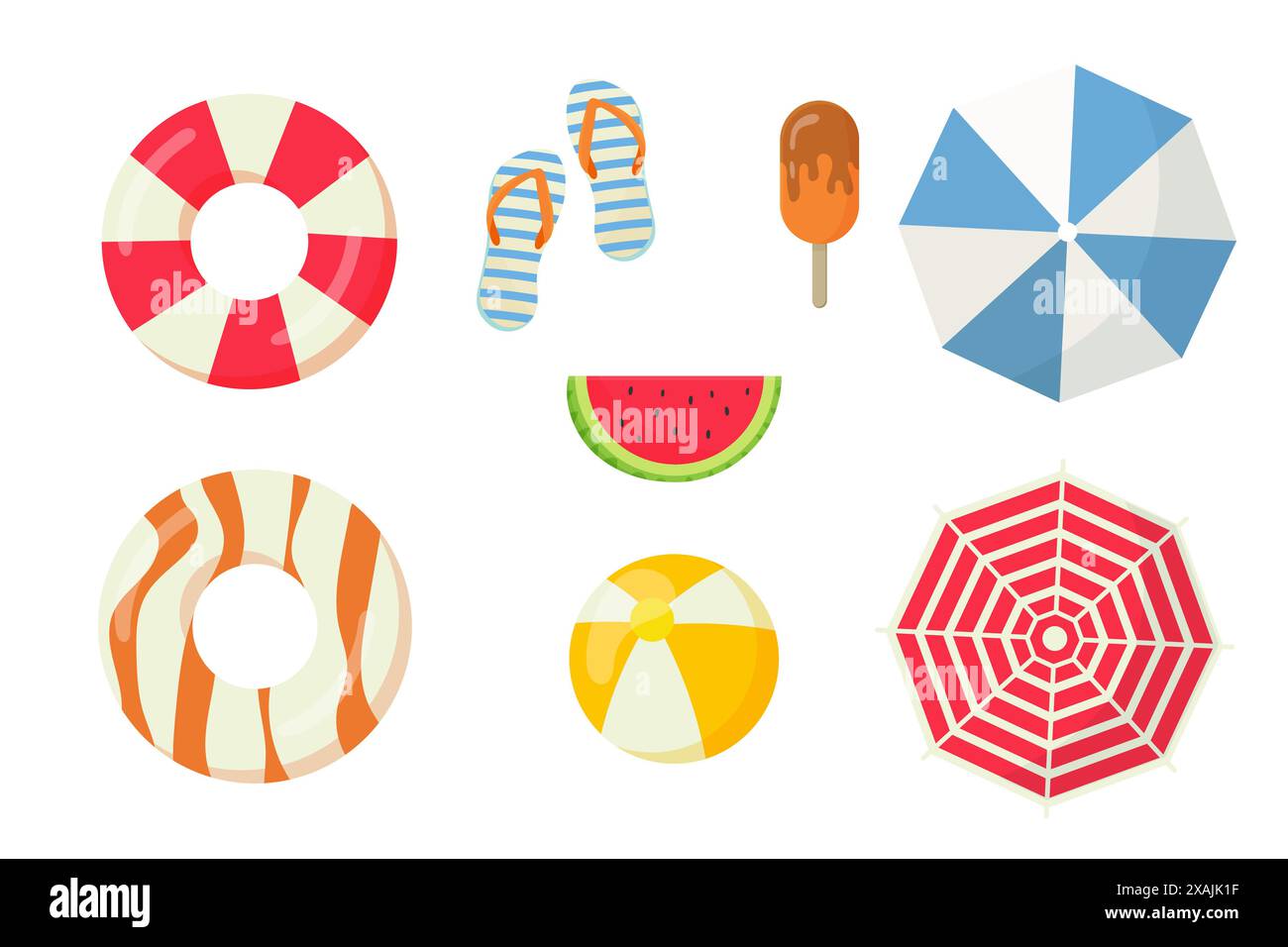 Summer beach set. Swimming lap, ball, flip flops, watermelon and ice ...