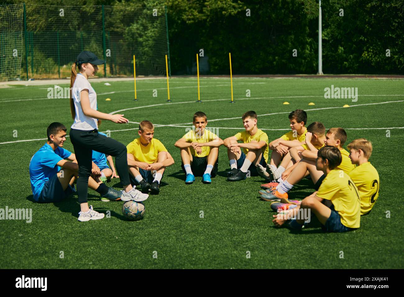 Team Strategy Session. Young soccer players studying with their coach ...