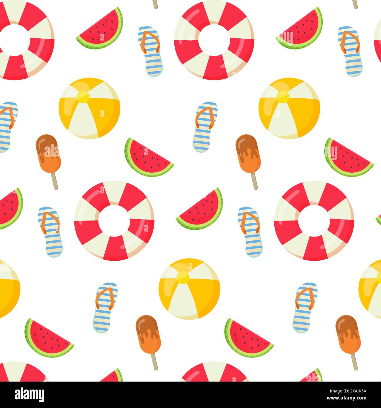 Seamless pattern. Summer cartoon ice cream, flip flops. lifeboy, ball ...