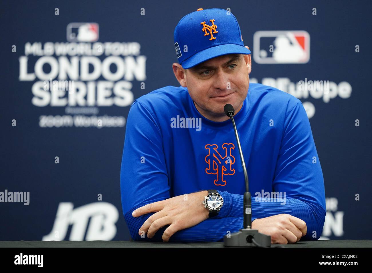 New York Mets' manager Carlos Mendoza during a workout day ahead of the ...