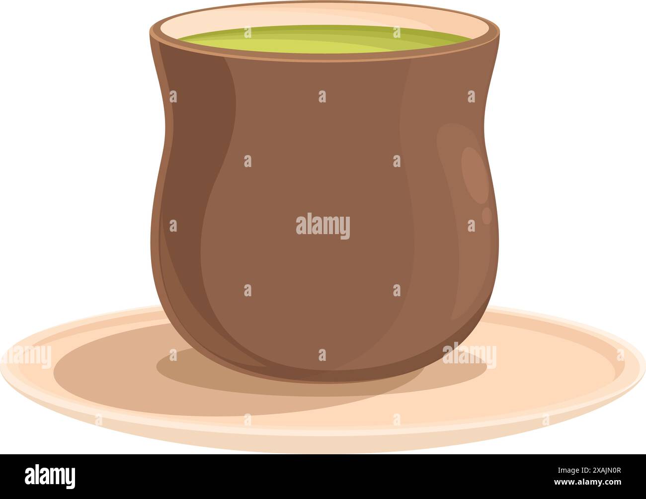 Brown earthenware tea cup full of green matcha tea is resting on a ...