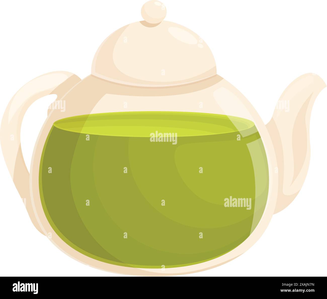 Glass teapot with a white handle and top filled with a vibrant green ...