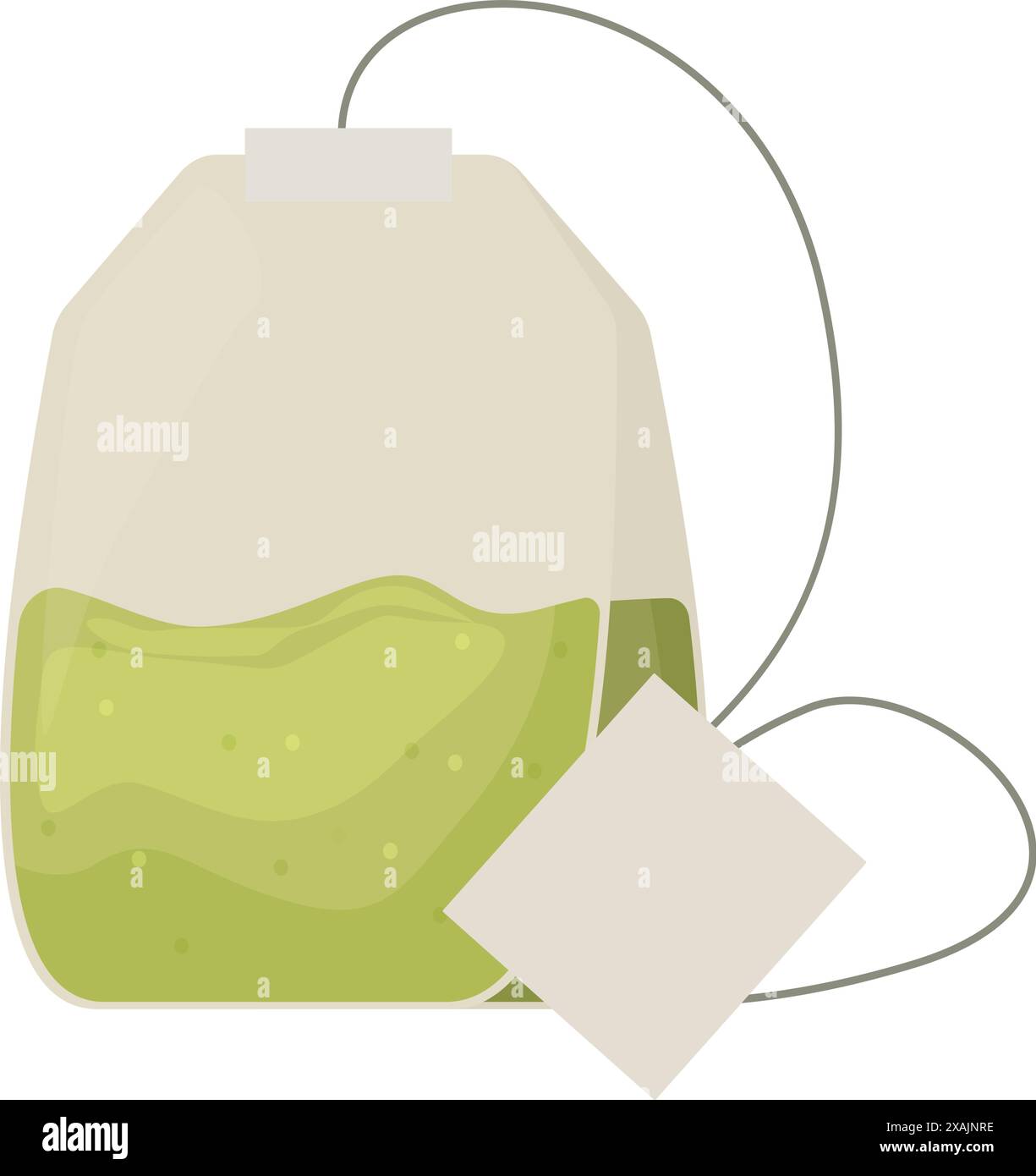 Single tea bag filled with green tea leaves is shown with its string ...